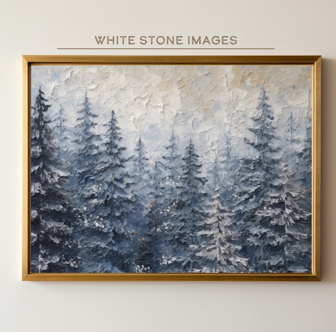 Printable Blue Pine Forest | Snowy Pine Trees | Landscape Oil Painting ...