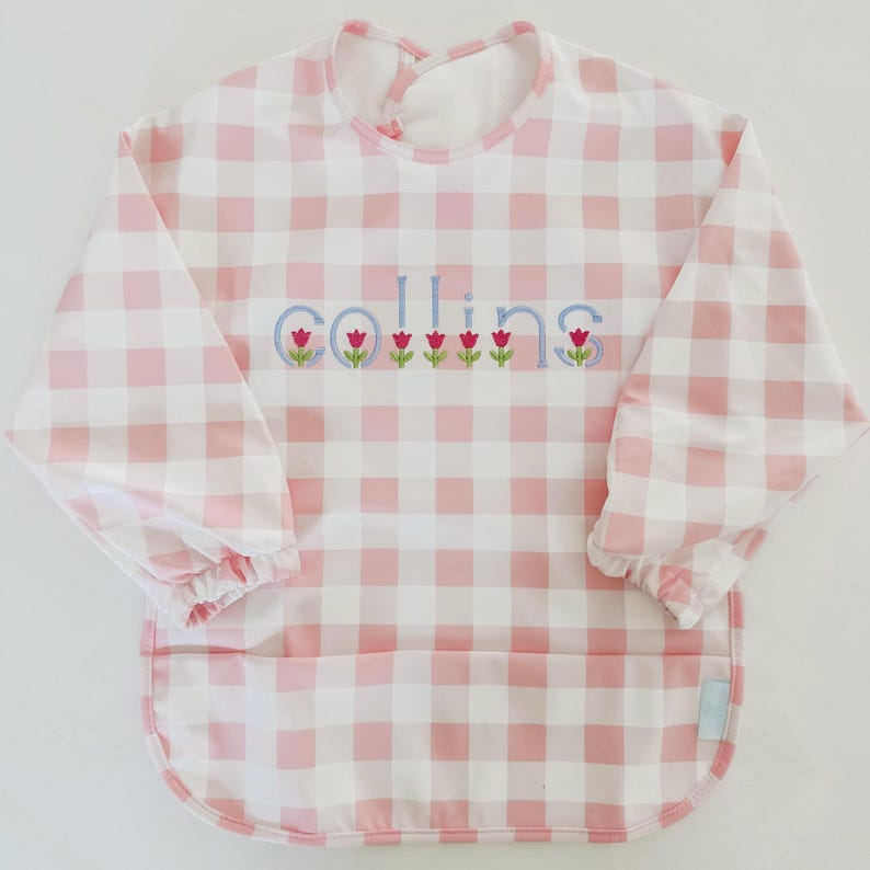 Embroidered Plaid Wipeable Catch All Bib - Pink - Etsy