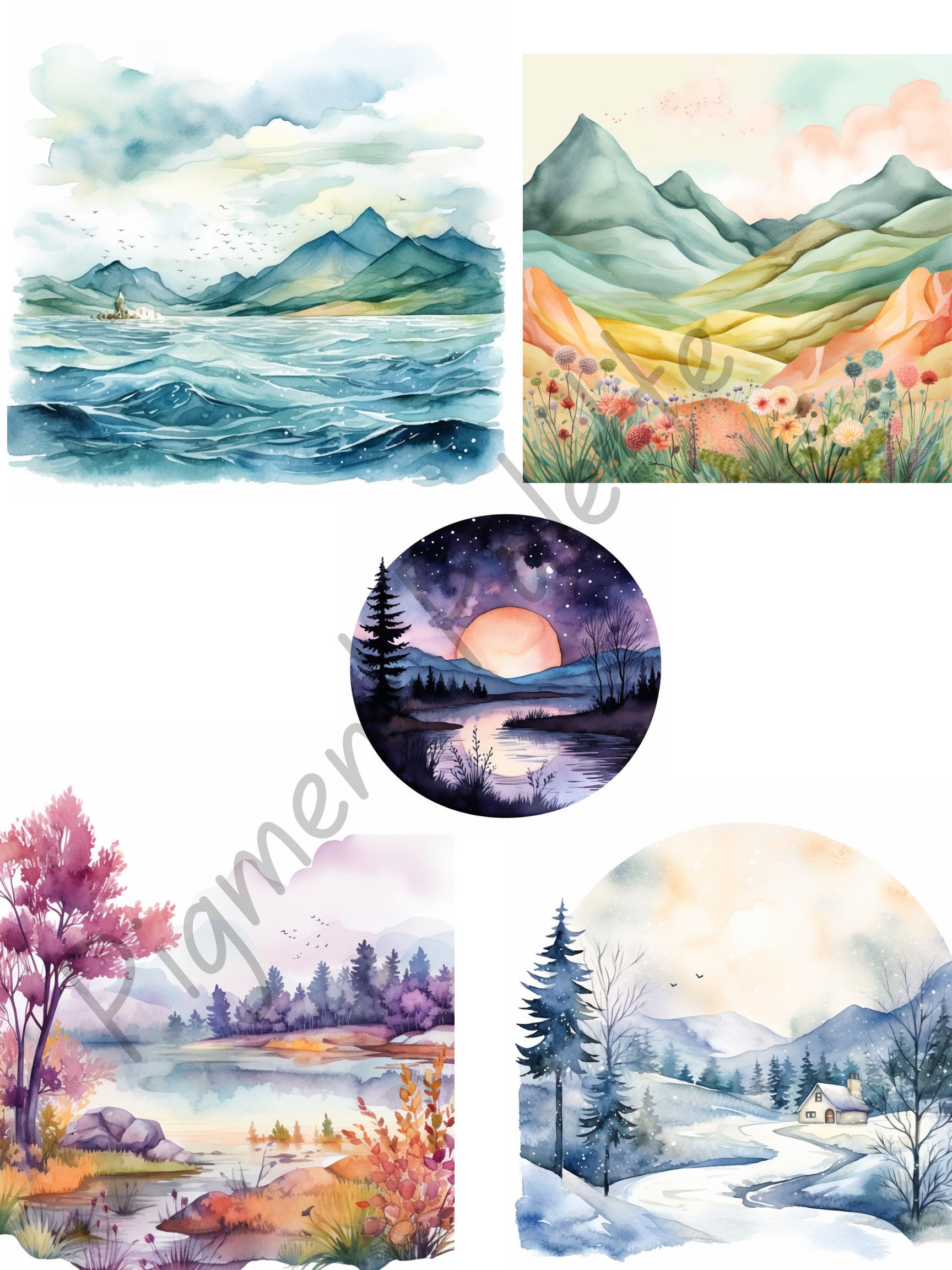 Watercolor Landscape Clipart, Digital Graphics, Mountain, Ocean, Nature ...