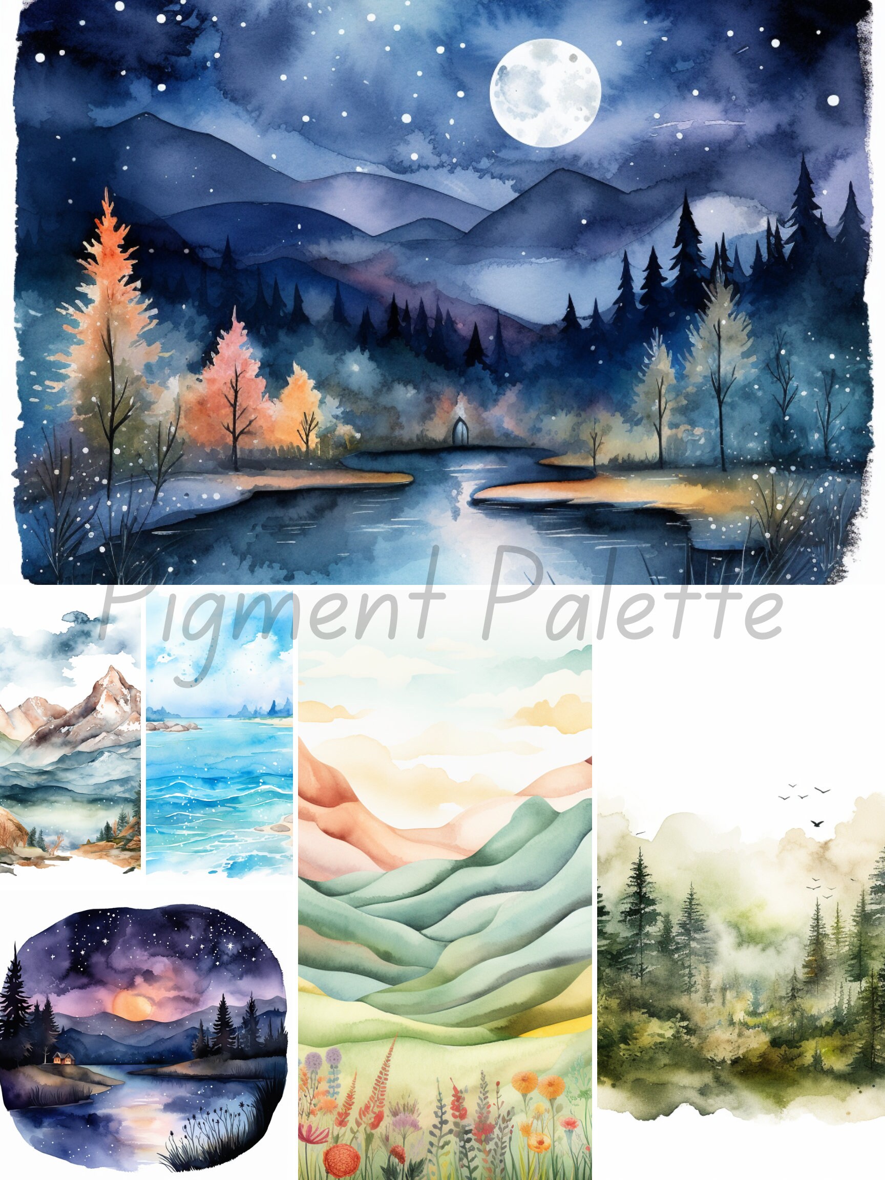 Watercolor Landscape Clipart, Digital Graphics, Mountain, Ocean, Nature ...