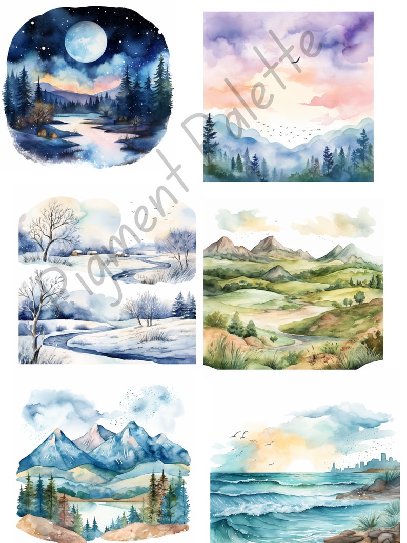 Watercolor Landscape Clipart, Digital Graphics, Mountain, Ocean, Nature ...