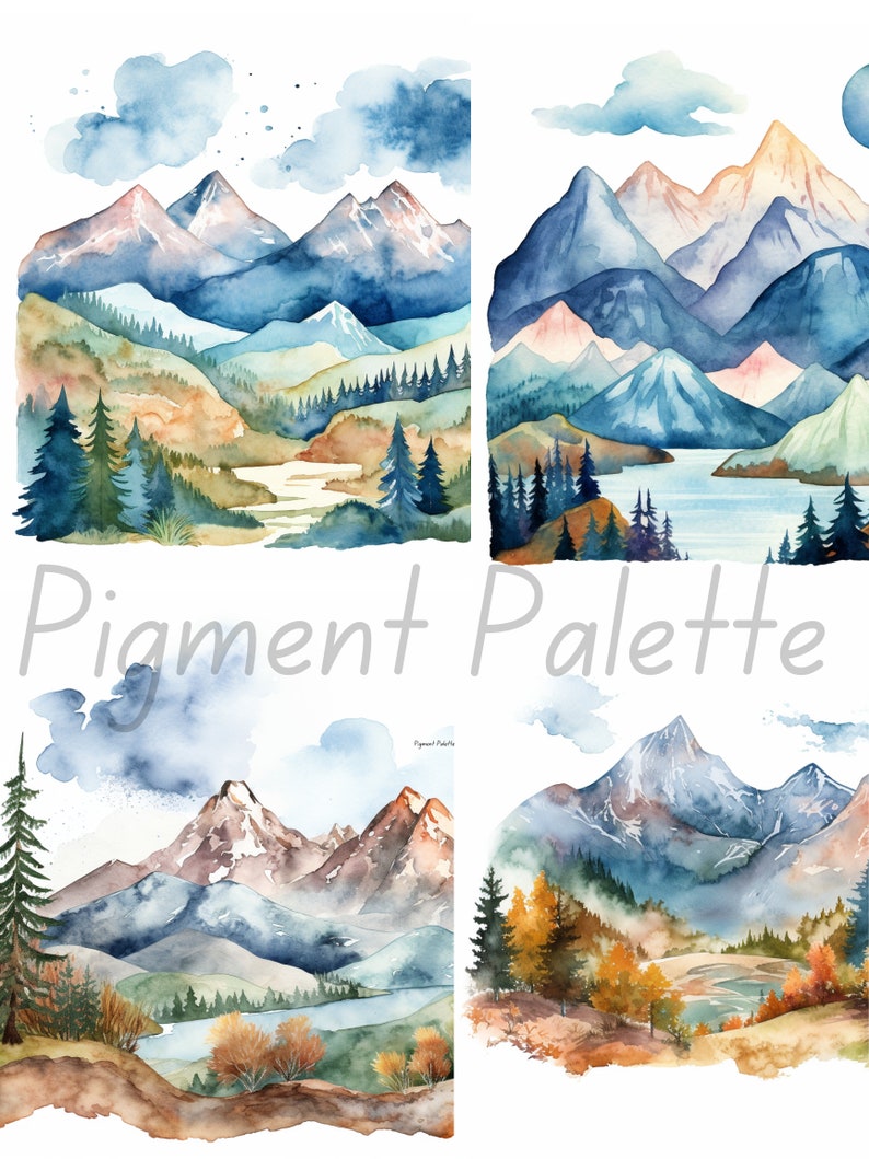 Watercolor Landscape Clipart, Digital Graphics, Mountain, Ocean, Nature ...