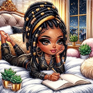 Chibi Style African American Woman With Dreadlocks Writing in Journal ...