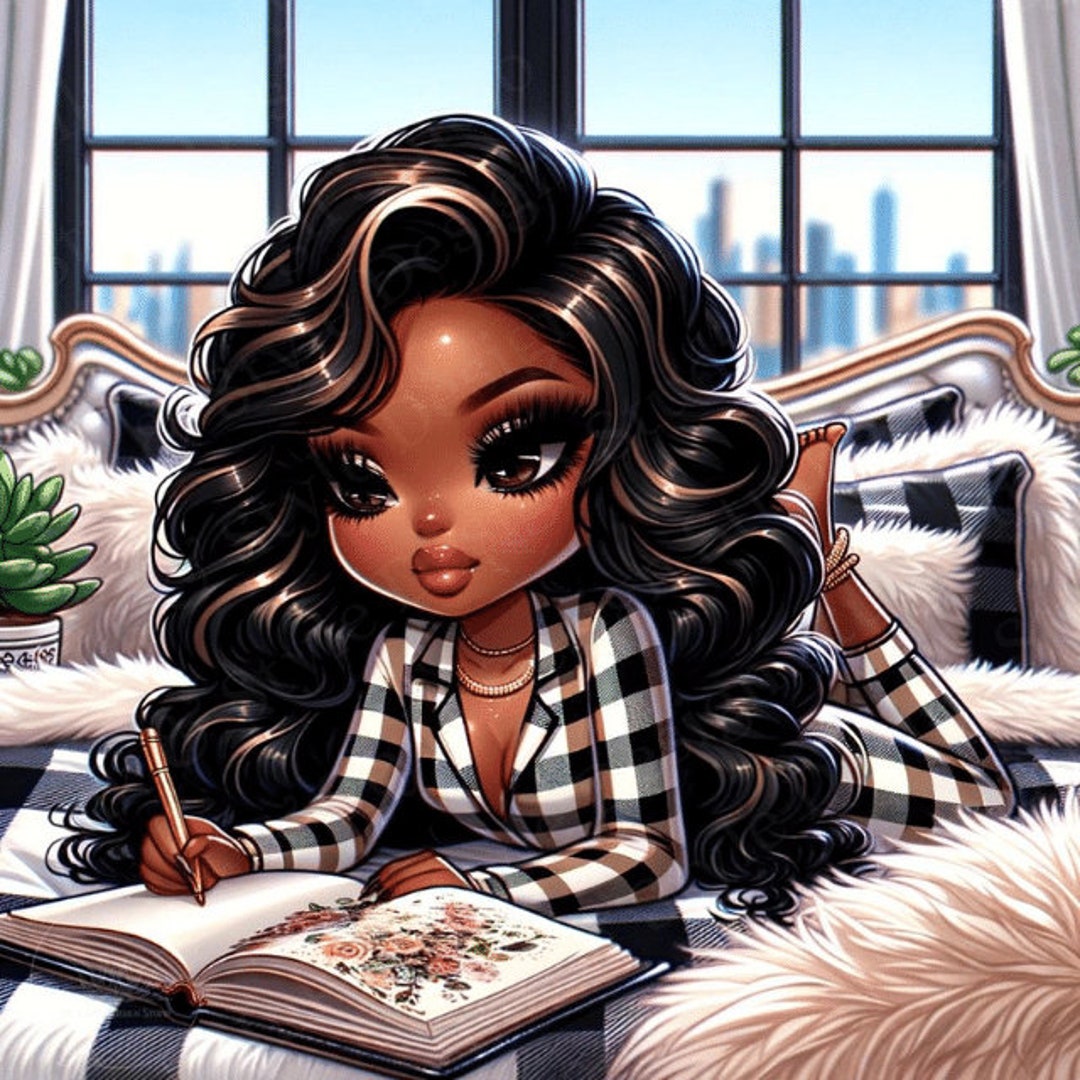 Chibi Style African American Woman With Black Wavy Hair Writing in ...