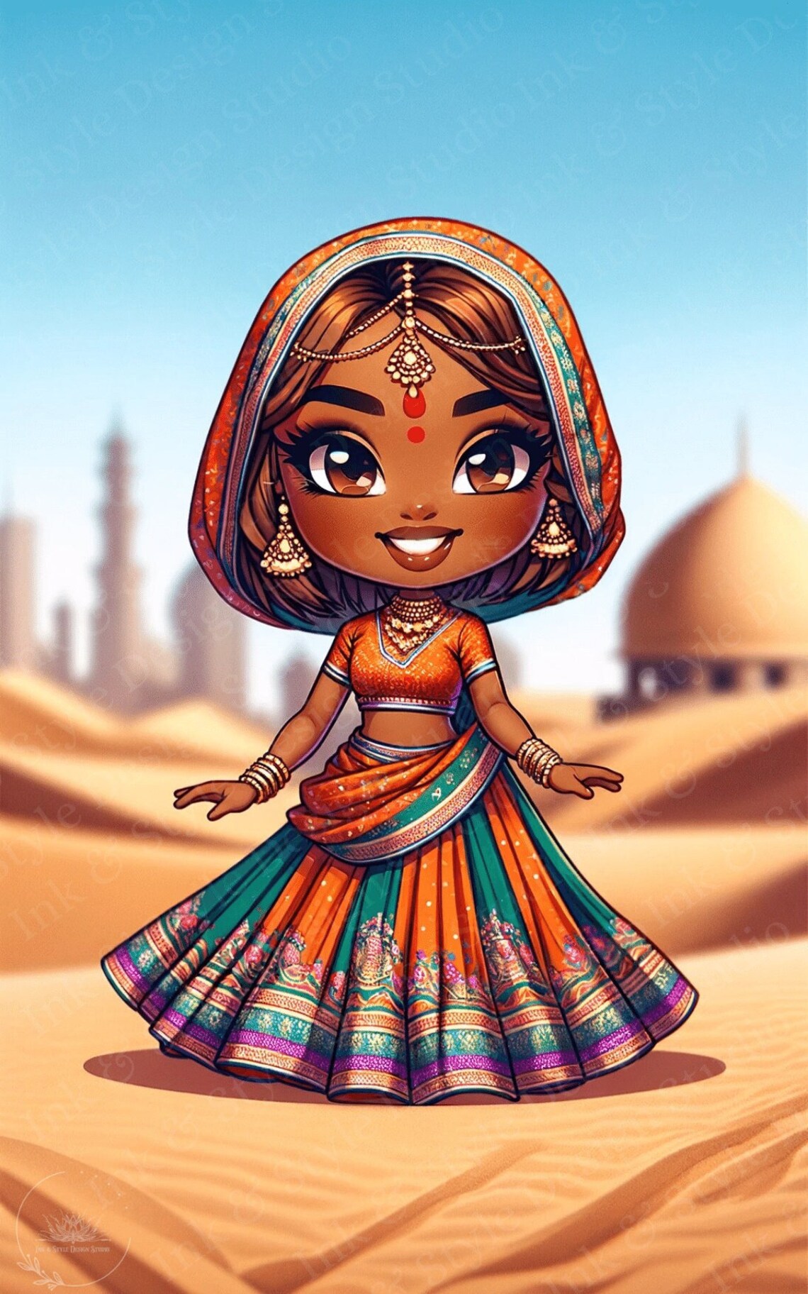 Chibi Style Woman Wearing Colorful Ghagra Choli, Cultural Beauty ...