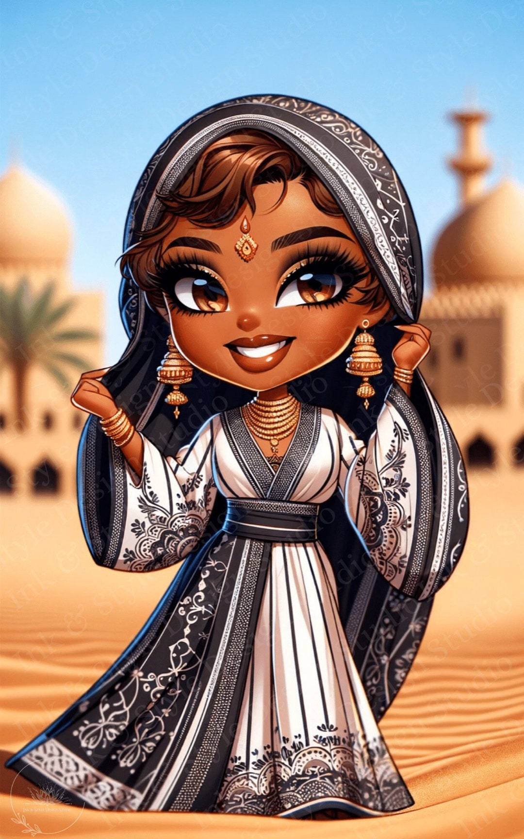 Chibi Style Woman Wearing Elegant Kaftan Abaya, Cultural Beauty, Trendy ...