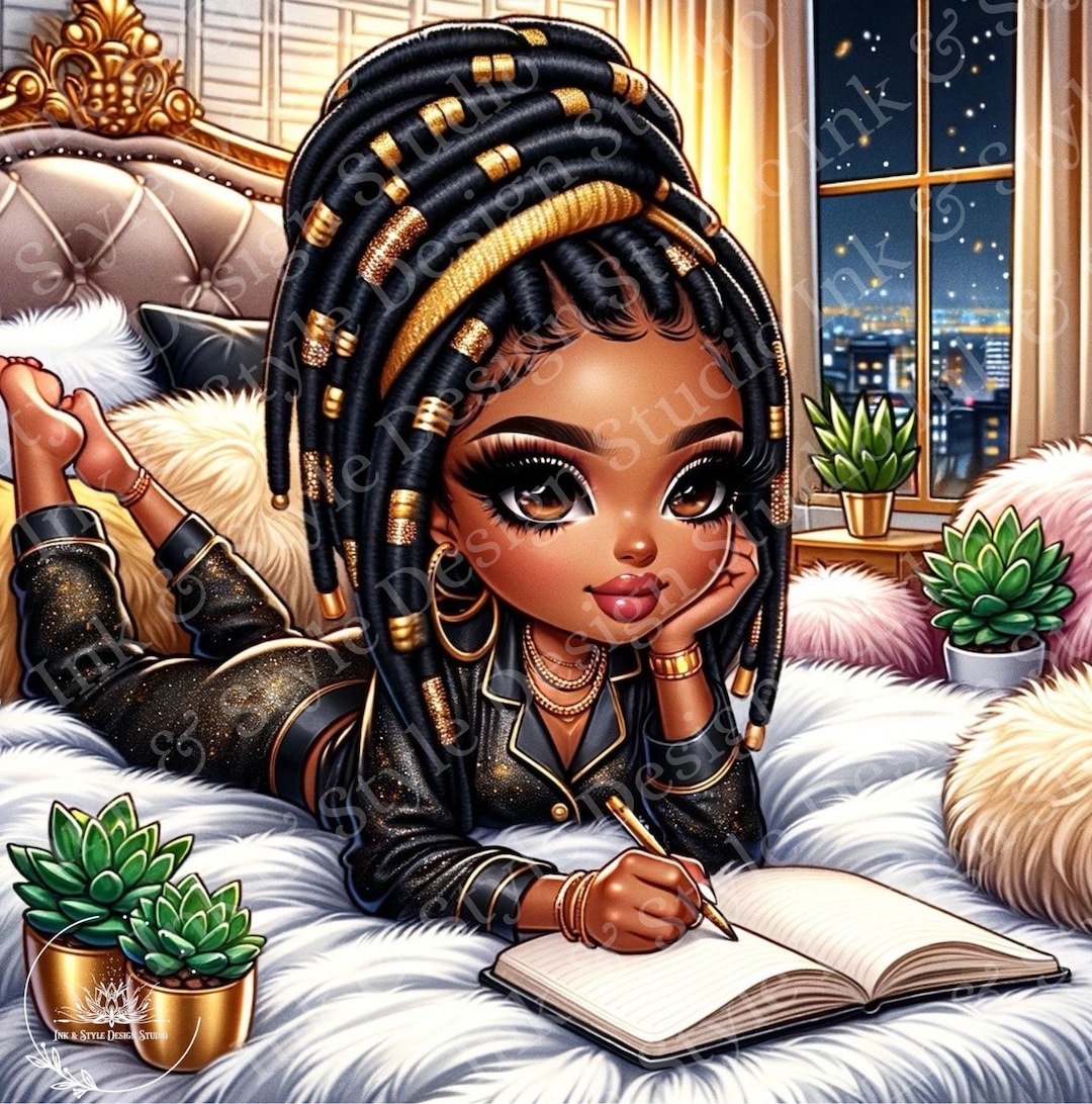 Chibi Style African American Woman With Dreadlocks Writing in Journal ...