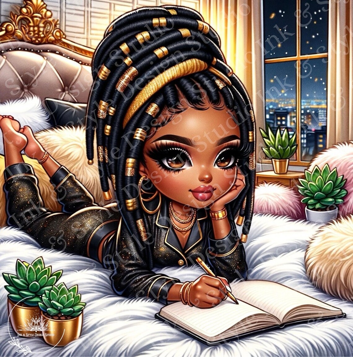 Chibi Style African American Woman With Dreadlocks Writing in Journal ...