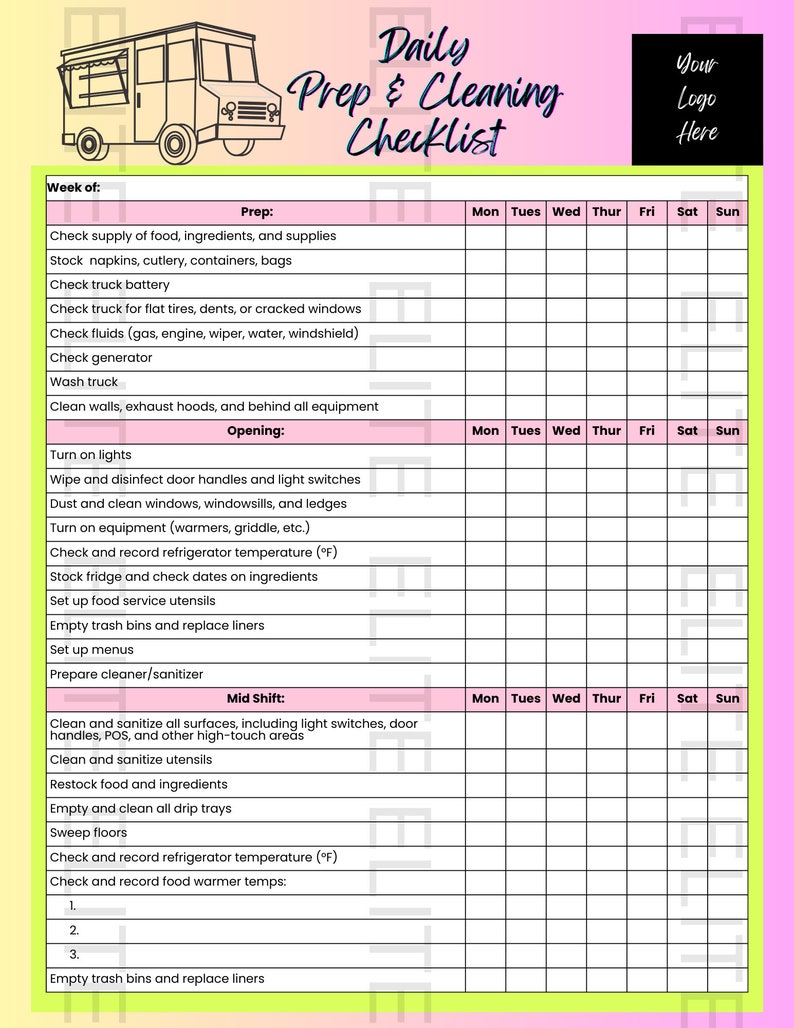 Food Truck | Food Trailer Daily Checklist | Opening Closing Chacklist - Etsy