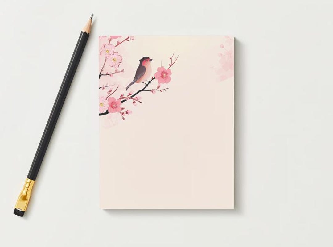 Cherry Blossom Bird Notepad, Cute Floral Writing Pad, Aesthetic Desk ...