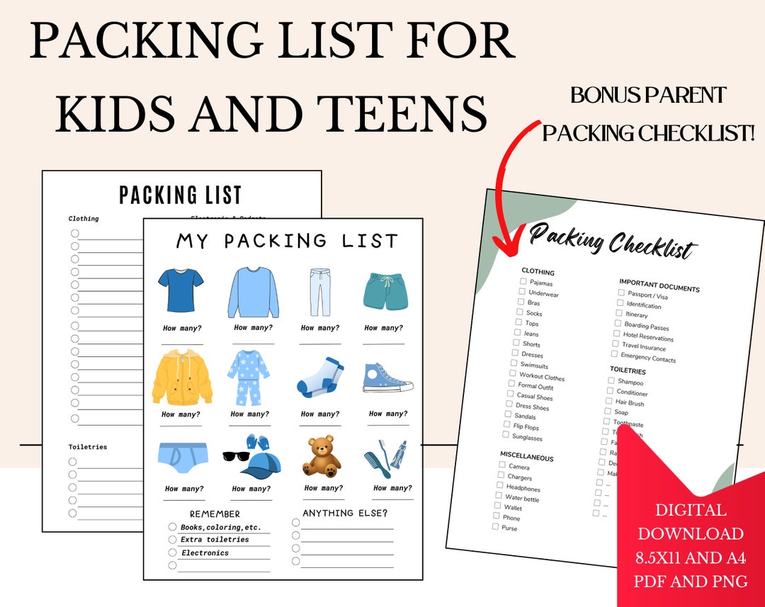 Kids Packing List, Printable Kids Travel Checklist, Vacation Packing ...