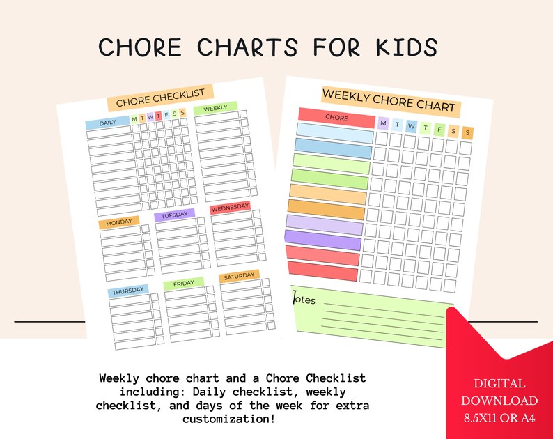 Chore Chart, Printable Editable Daily & Weekly Kids Chore ...