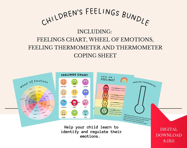 Feelings Chart, Emotions Wheel, Feelings Thermometer, 4 Page Printable ...