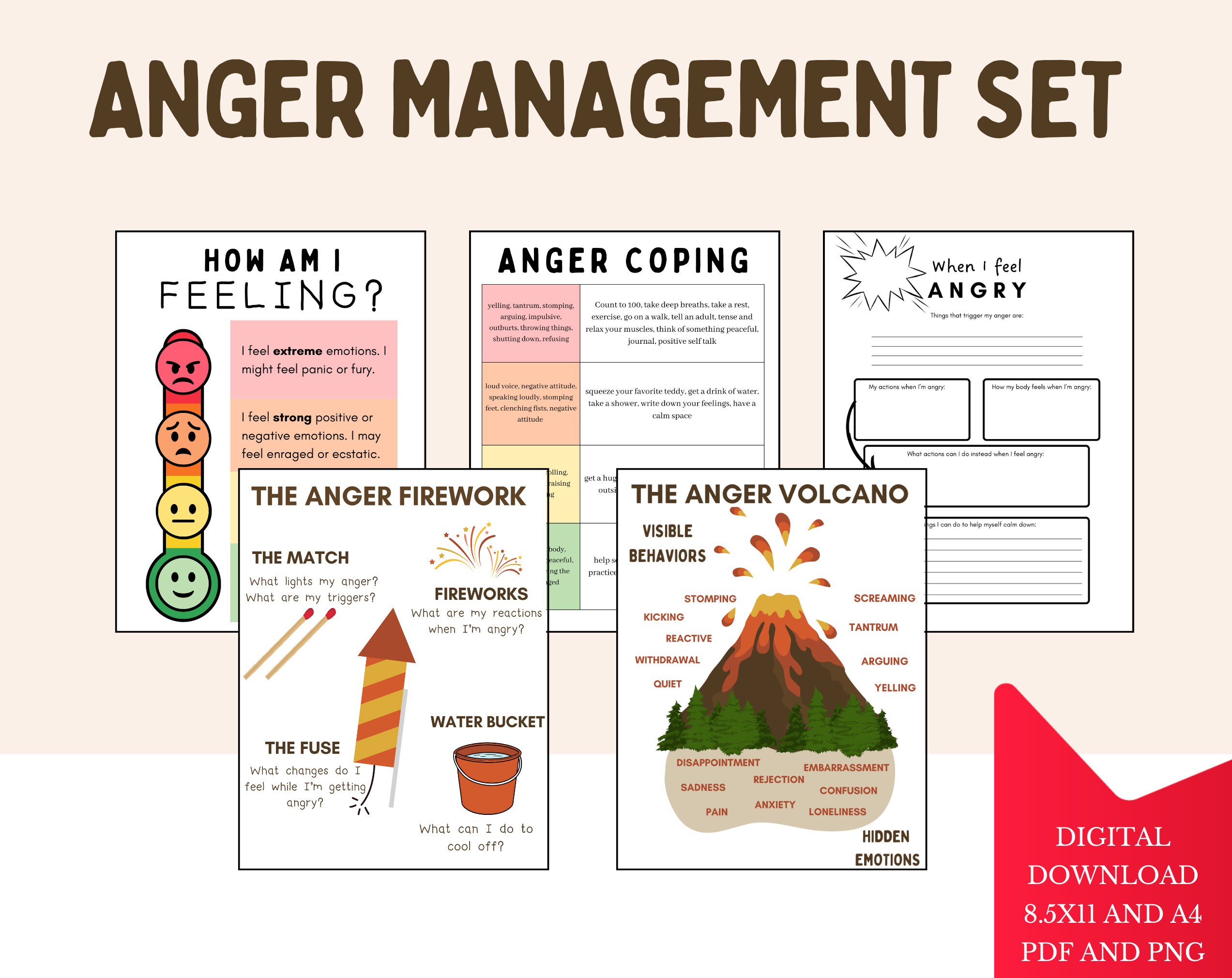Anger Management for Kids, Anger Coping Worksheet Set, Anger Firework ...