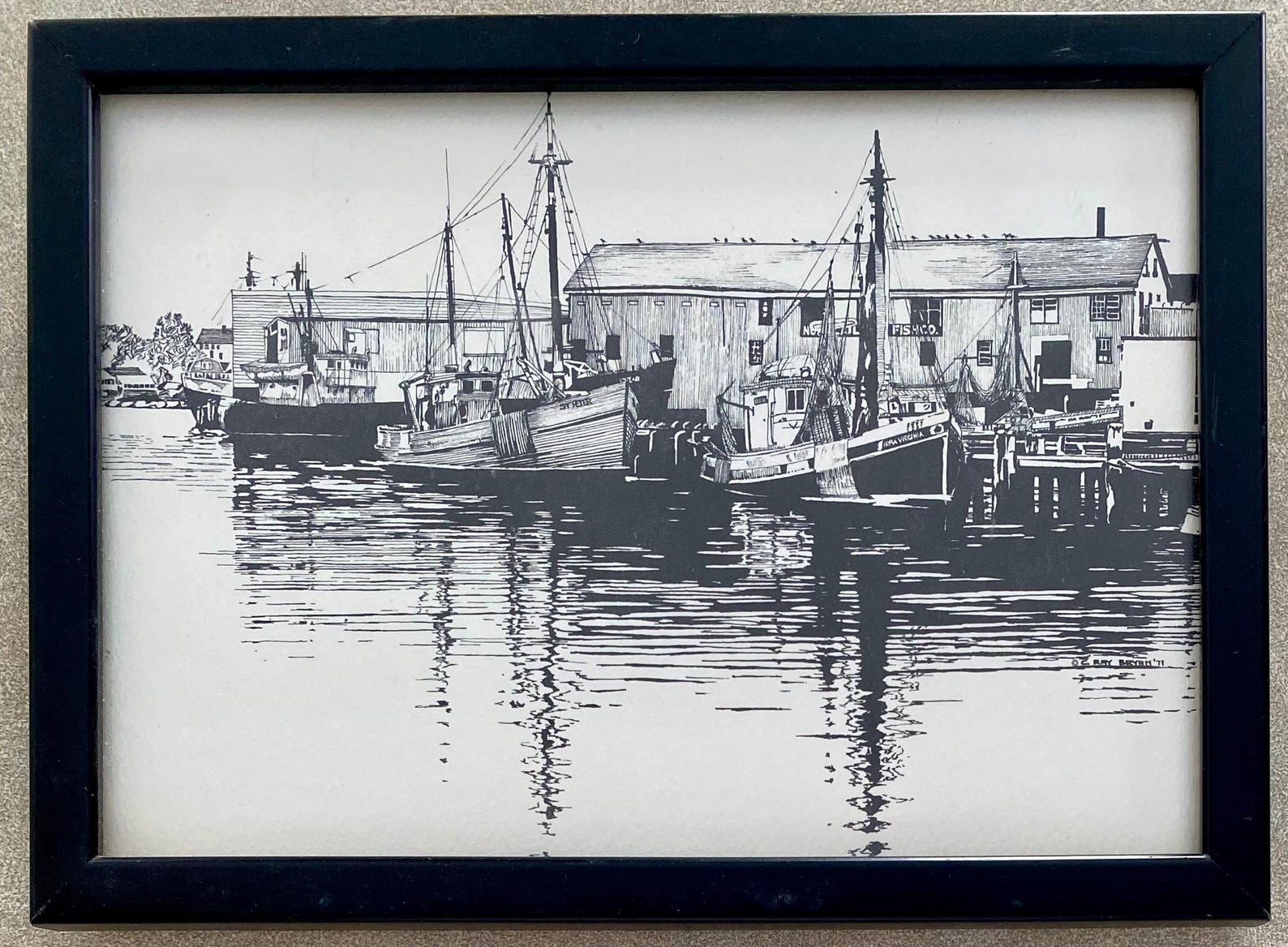 Framed Pen & Ink Drawing of Dingle Harbor, Ireland by Pat Hennessy 1975 ...