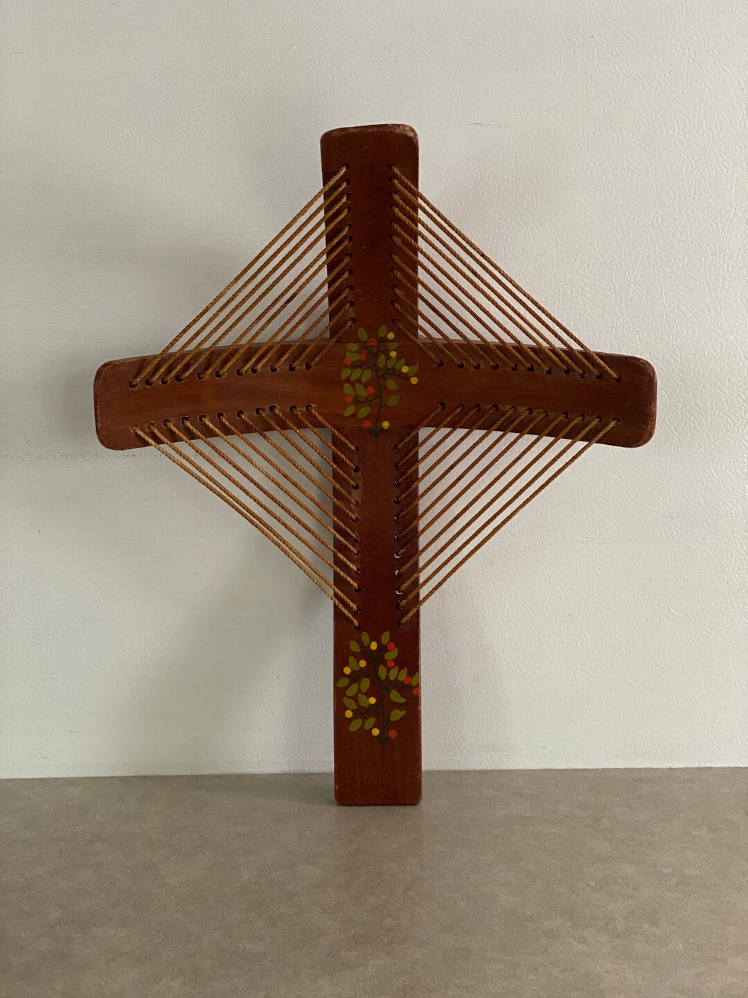 MCM Wooden Cross & Twine Basket Wall Hanging - Etsy