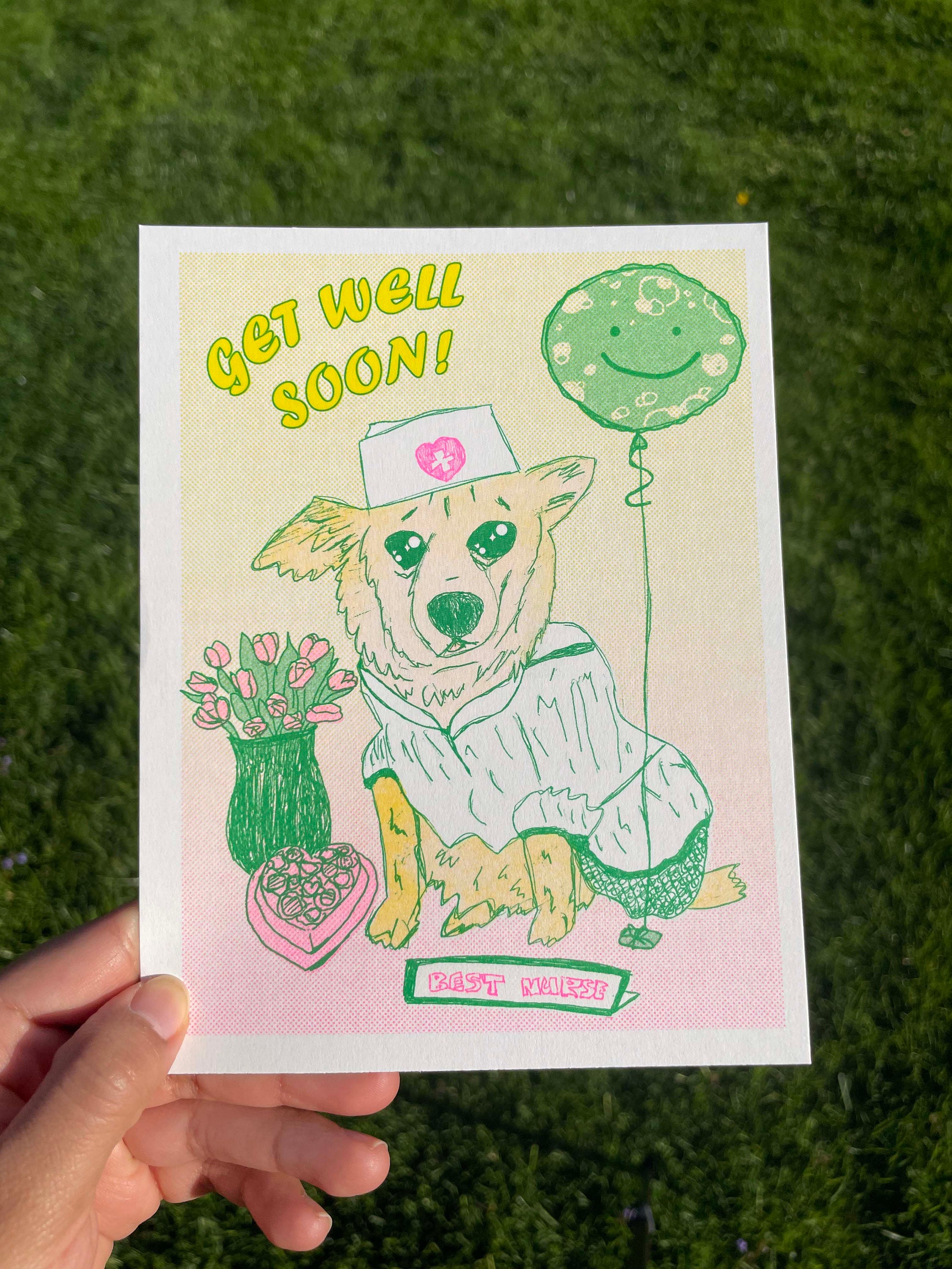 Get Well Soon / Nurse Dog - Risograph Print Postcard / Small Print - Etsy