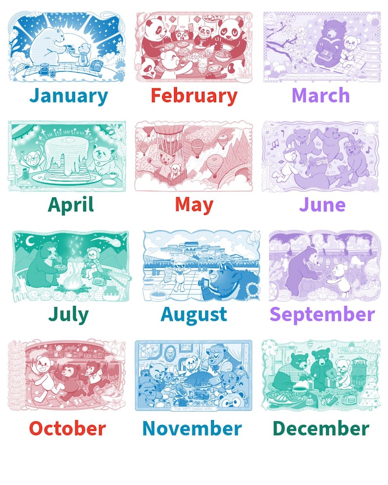2026 Calendar Teddy-bear Travel Themed, Risograph Printed, Handmade ...