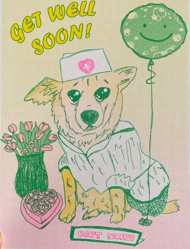 Get Well Soon / Nurse Dog Risograph Print Postcard / Small Print - Etsy