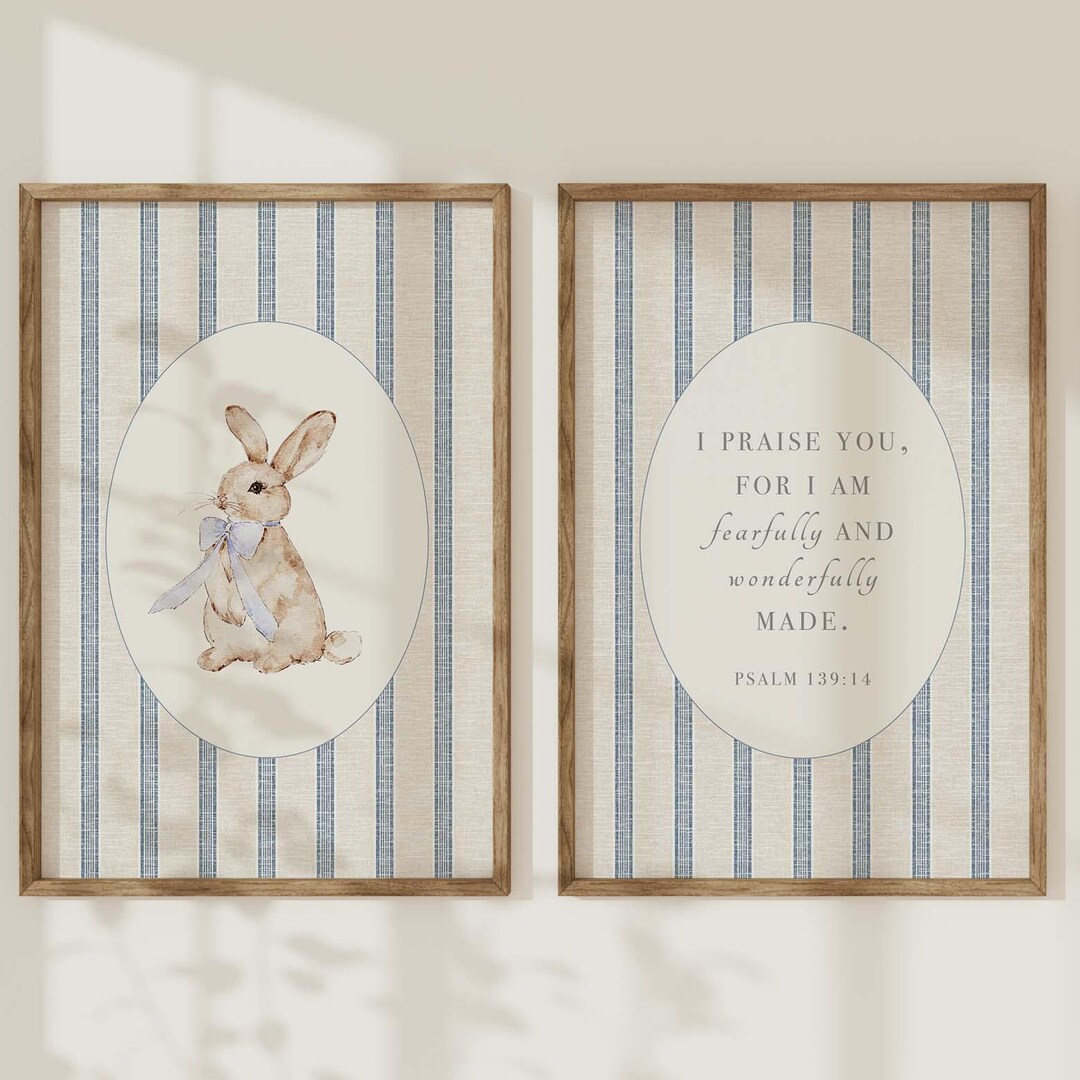 Christian Nursery Set of 2, Bunny Bible Verse Printable, Blue Baby Boy ...