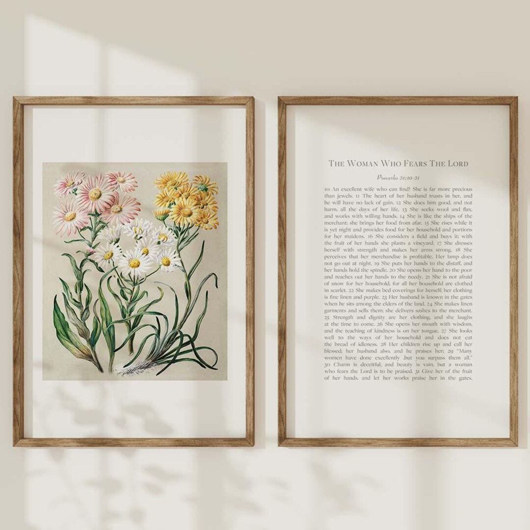Proverbs 31 Daisy Wall Art Set, Vintage Wildflower Bible Verse ...
