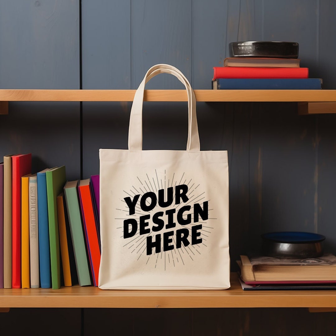 Natural Cotton Grocery Shopping Canvas Tote Bag Mockup on Book Shelf ...
