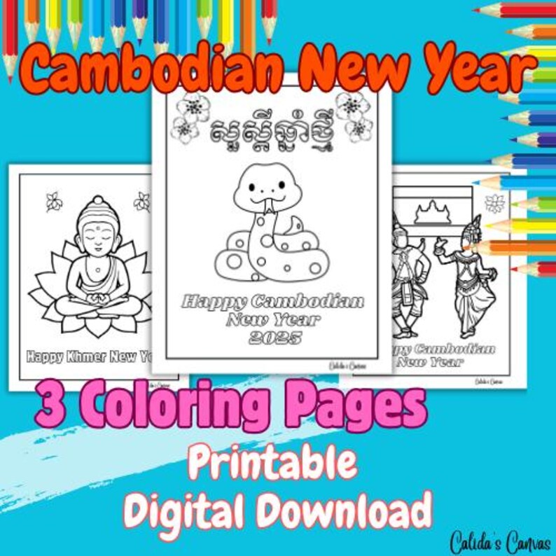 Cambodian New Year Coloring Page 3 Page Bundle Coloring Pages for 2025 ...
