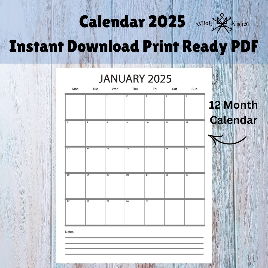 2025 Calendar With Notes Black and White Monthly Planner Calendar ...