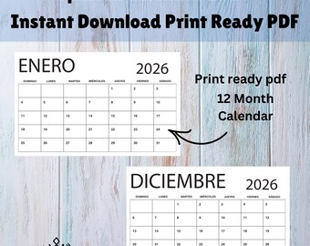 Printable Spanish 2025 Twelve Months Minimalist Black White Monthly ...