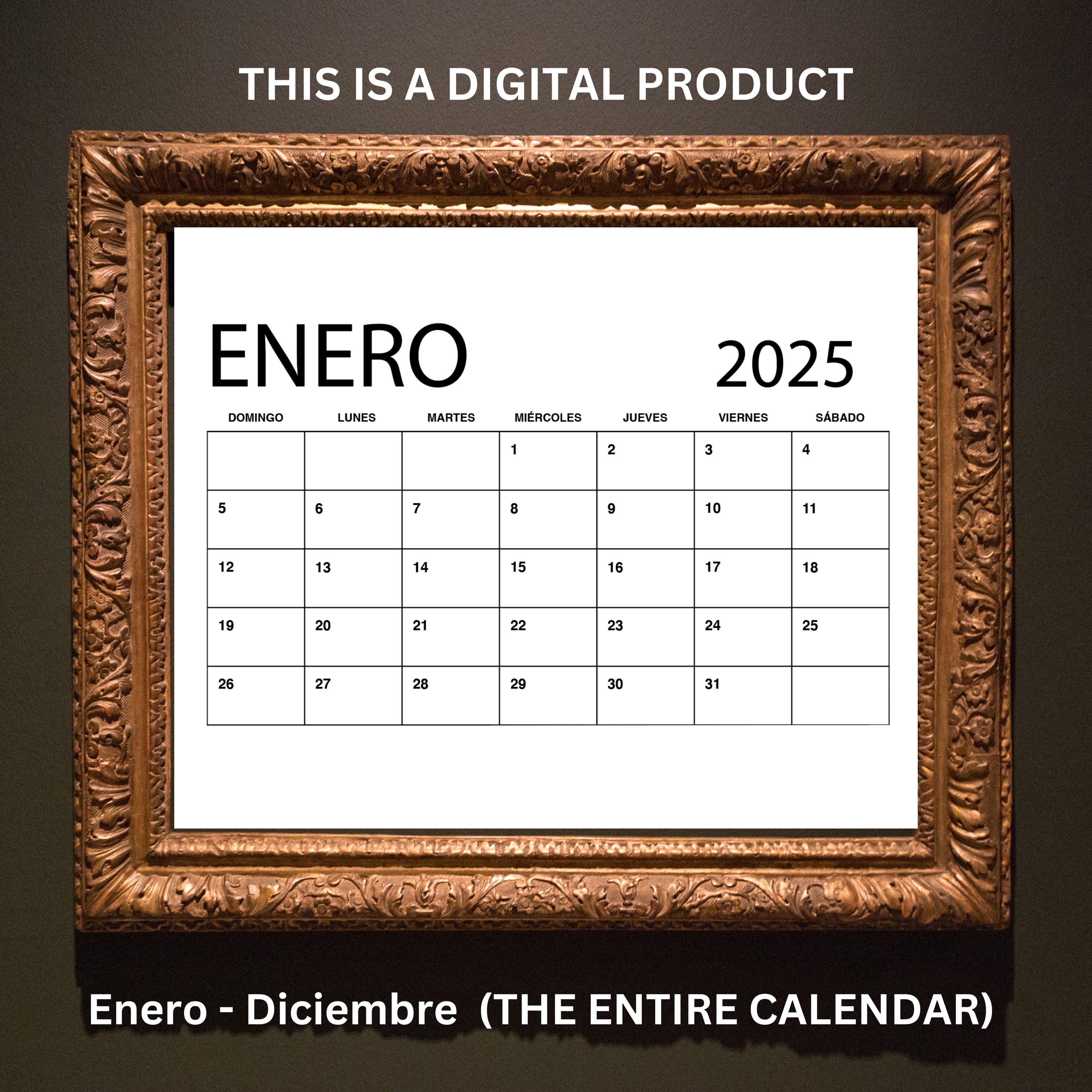 Printable Spanish 2025 Twelve Months Minimalist Black White Monthly ...