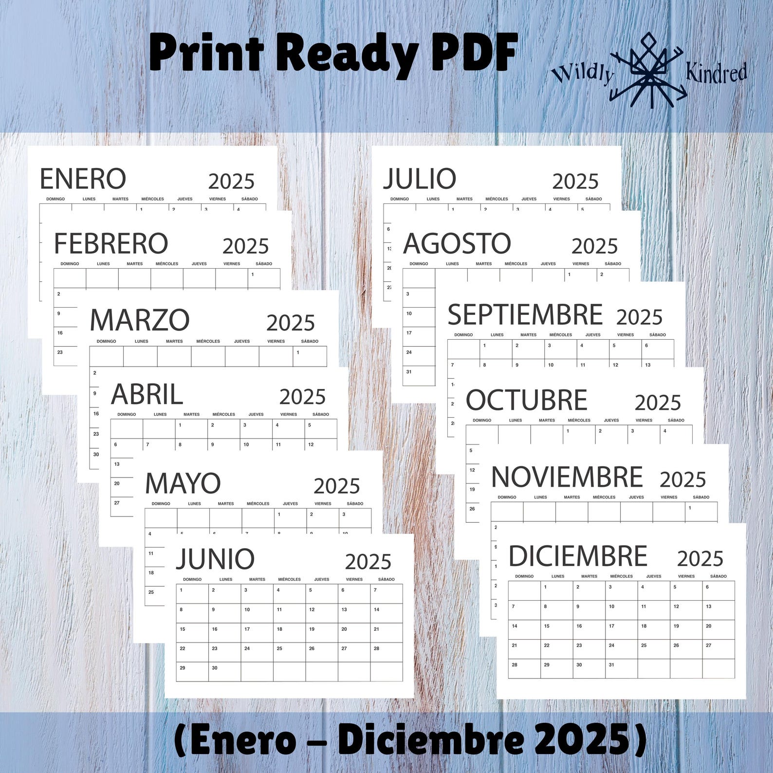 Printable Spanish 2025 Twelve Months Minimalist Black White Monthly ...
