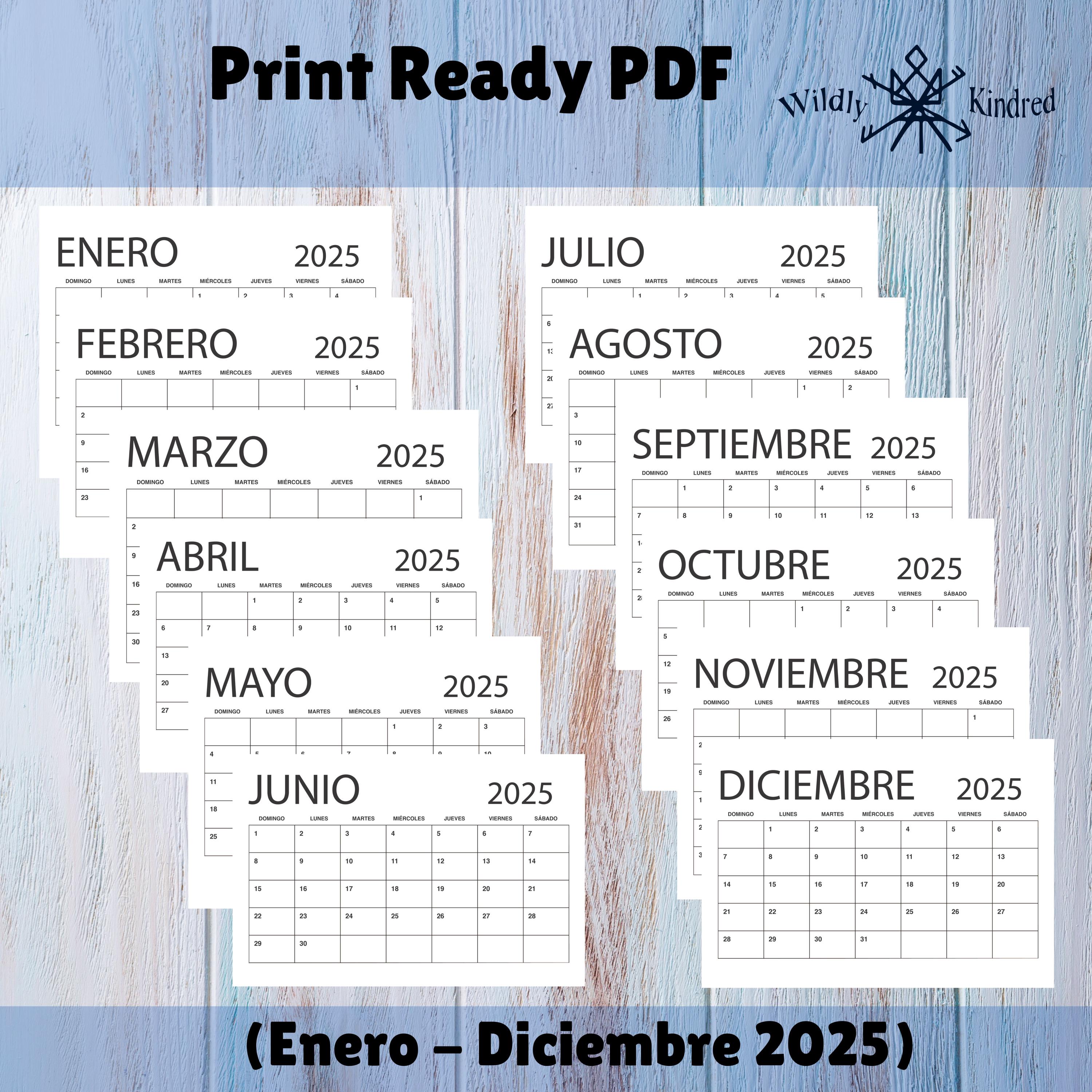 Printable Spanish 2025 Twelve Months Minimalist Black White Monthly ...