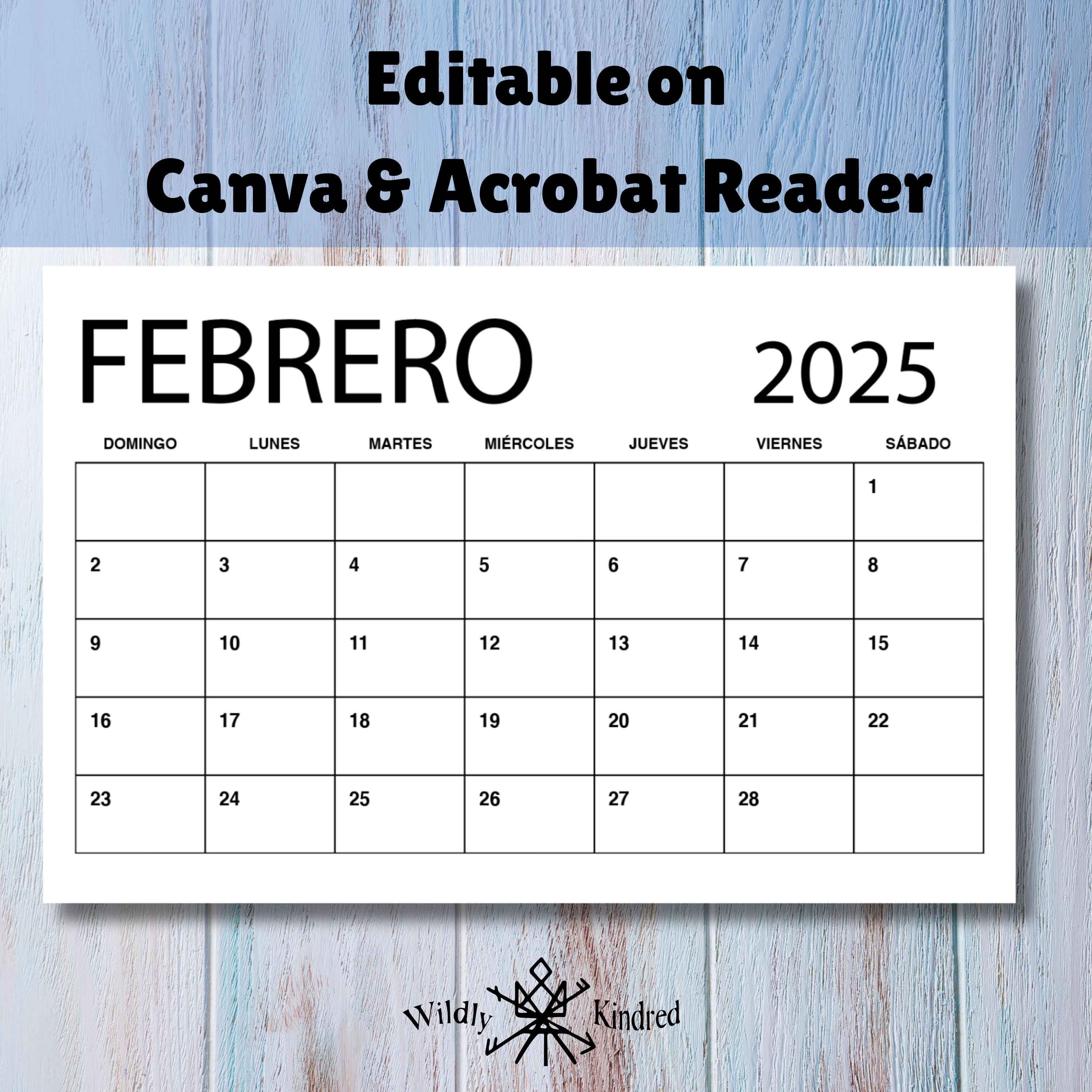 EDITABLE Spanish 2025 Febrero Minimalist Black White Monthly Planner ...