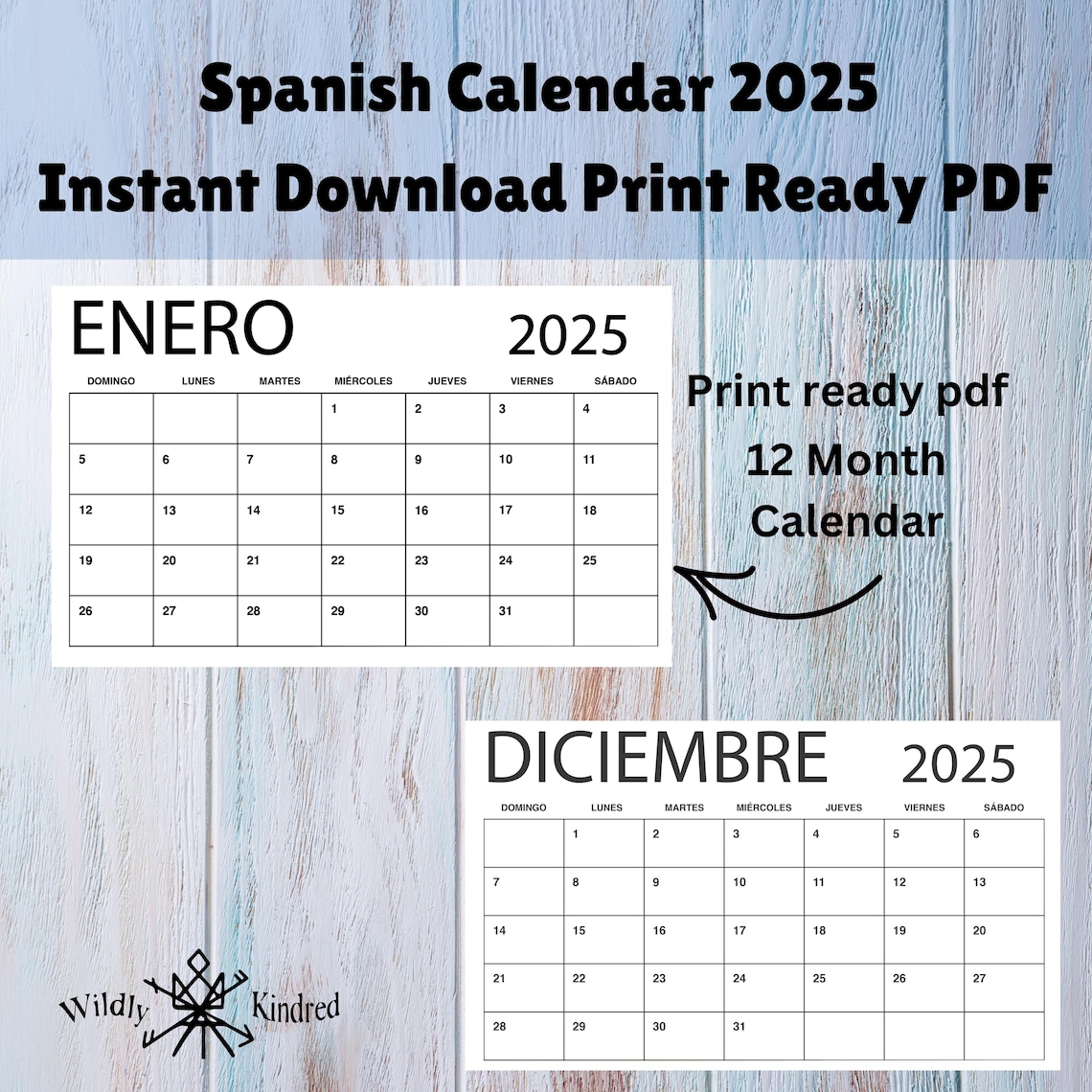 Printable Spanish 2025 Twelve Months Minimalist Black White Monthly ...