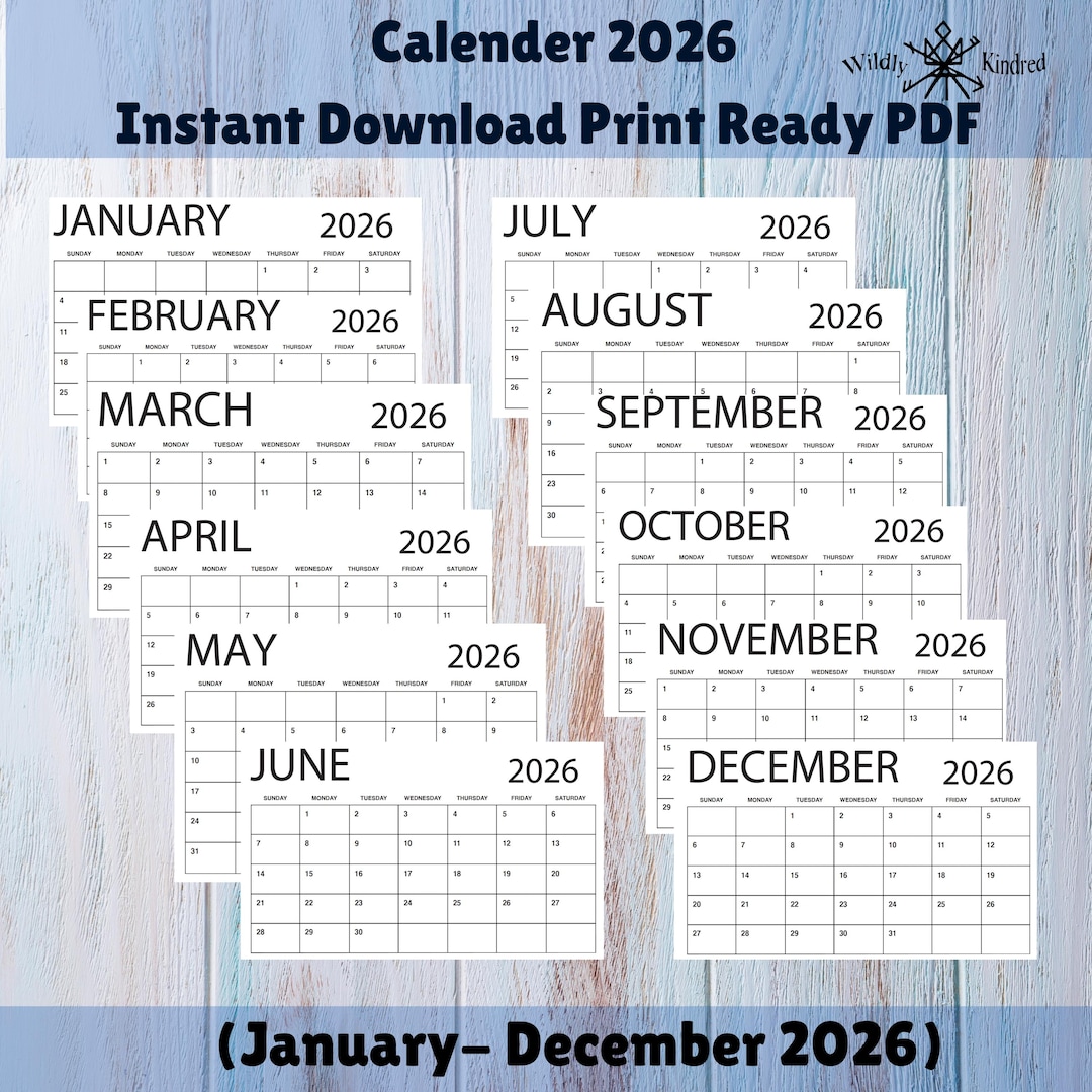 Printable 2026 12 Month Calendar Minimalist Monthly Planner Calendar ...