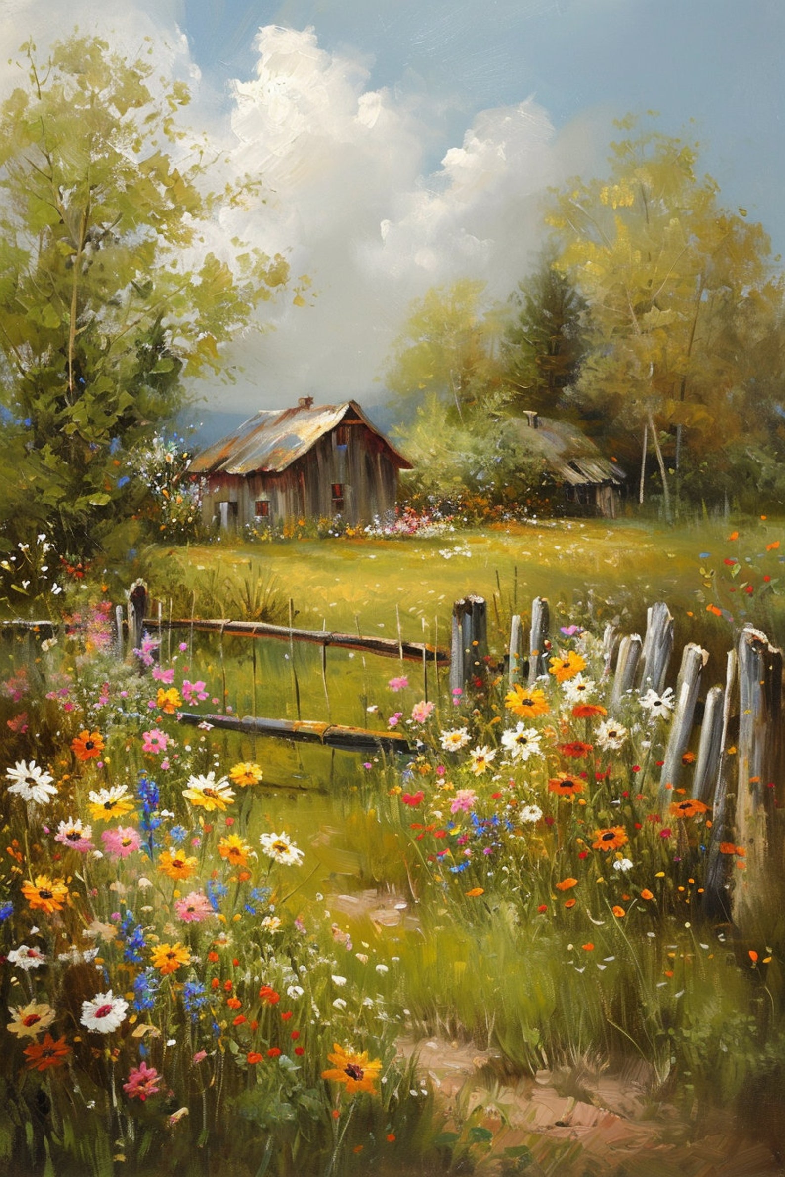 Pastoral Barn and Wildflowers Landscape Painting | Vintage Art Print ...