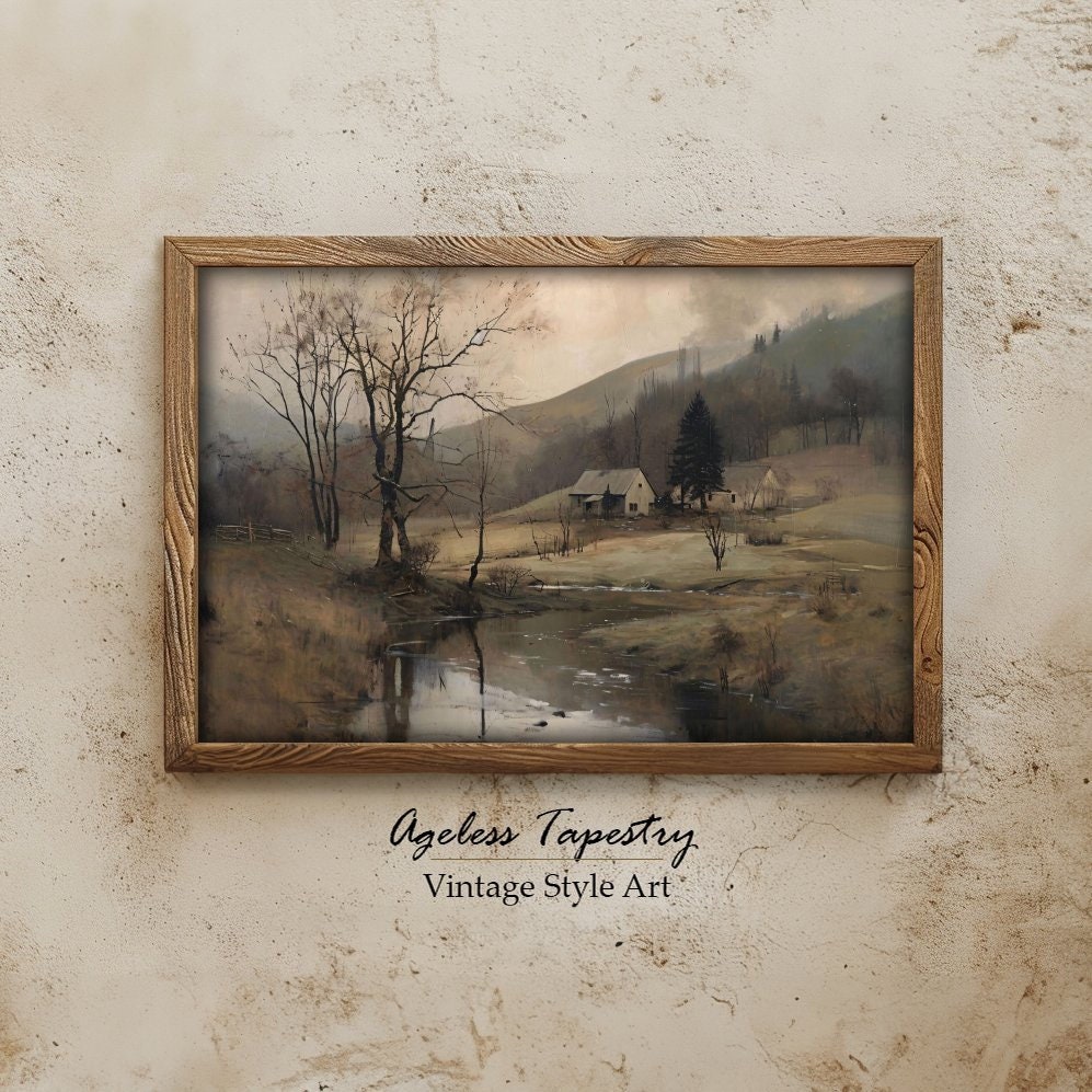 Rustic Landscape Digital Painting, Countryside Art, Vintage Scenery ...