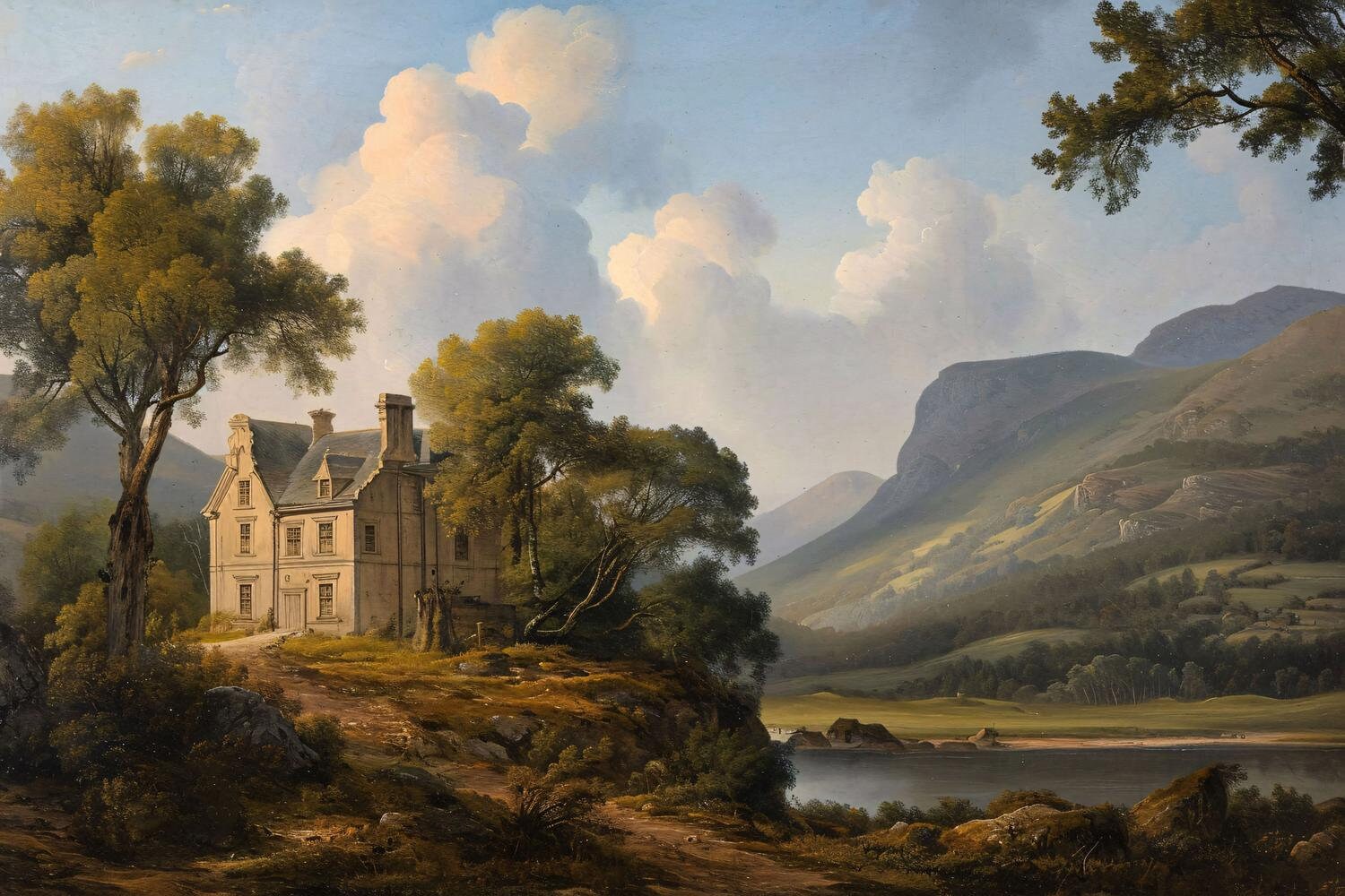 Classic Landscape Digital Art, Vintage Manor Painting, Rustic Home ...