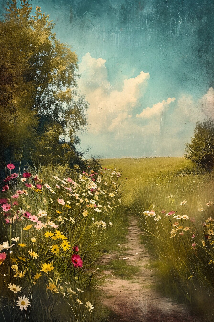 Pastoral Wildflowers Landscape Painting Vintage Art Print Digital ...