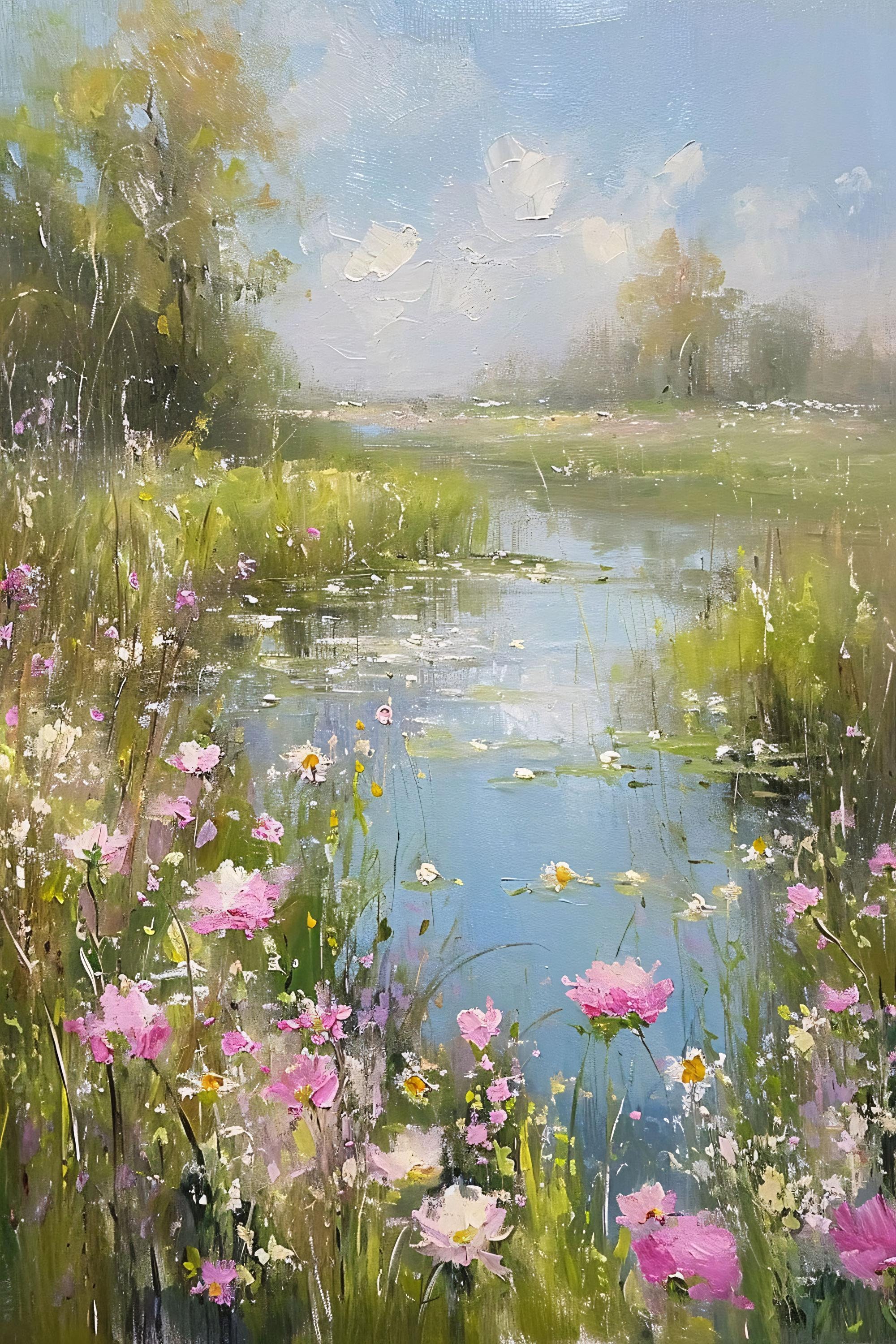 Digital Download Landscape Painting, Spring Meadow, Wildflowers River ...