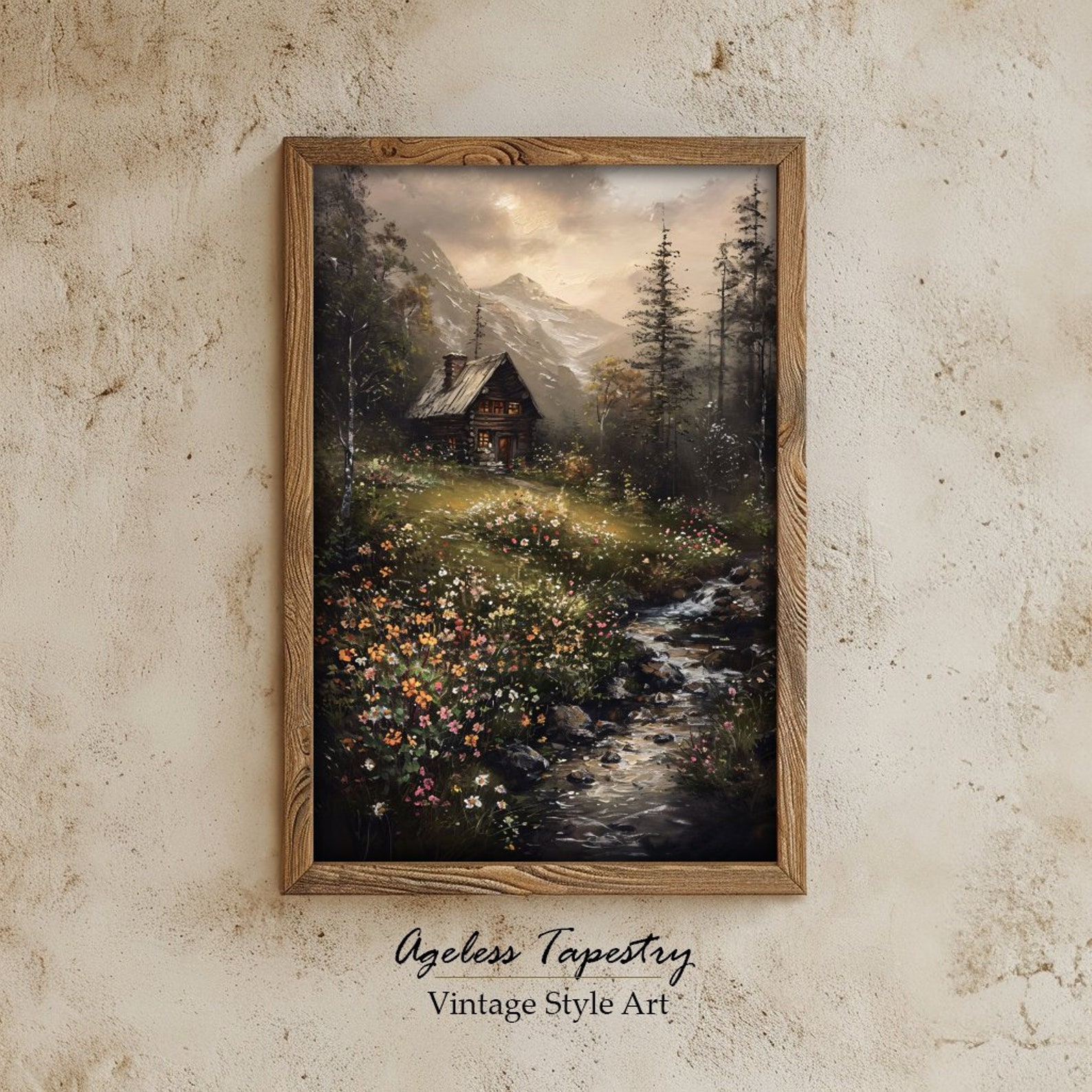 Rustic Mountain Cabin Digital Art, Tranquil Wilderness Landscape ...