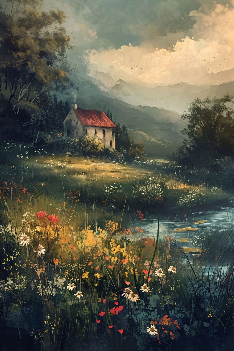 Rustic Cottage Landscape Digital Painting, Printable Countryside ...