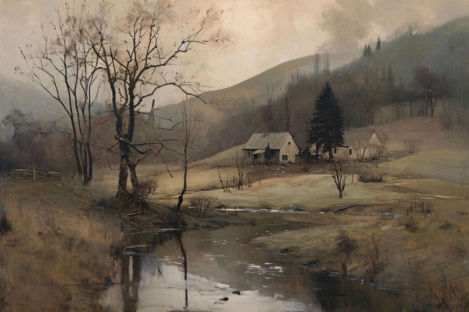 Rustic Landscape Digital Painting, Countryside Art, Vintage Scenery ...