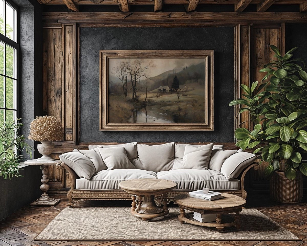 Rustic Landscape Digital Painting, Countryside Art, Vintage Scenery ...