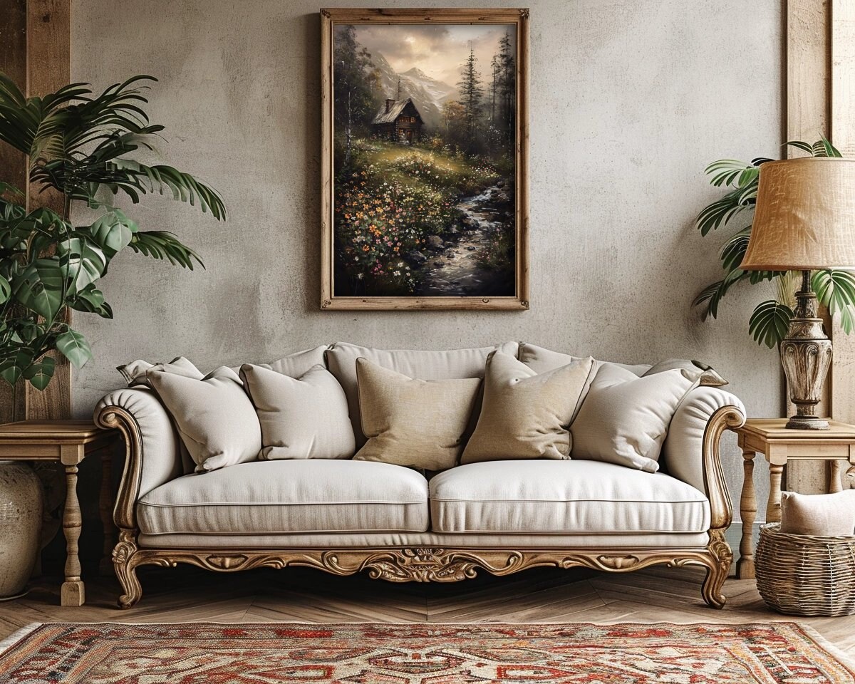 Rustic Mountain Cabin Digital Art, Tranquil Wilderness Landscape ...