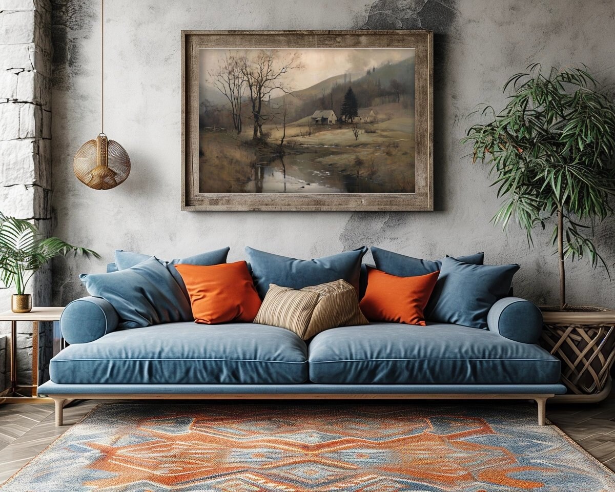 Rustic Landscape Digital Painting, Countryside Art, Vintage Scenery ...