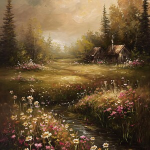Rustic Cabin Landscape Digital Painting, Forest Scenery Download ...