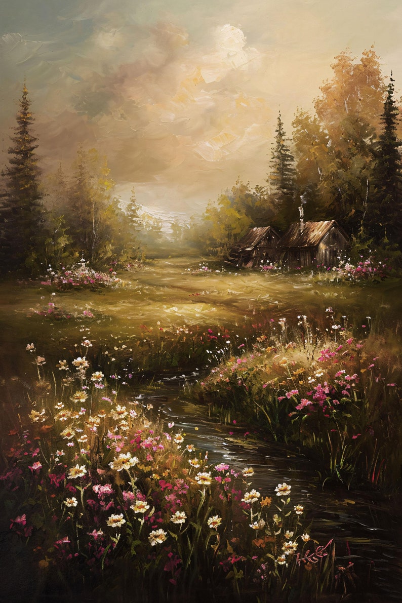Rustic Cabin Landscape Digital Painting, Forest Scenery Download ...