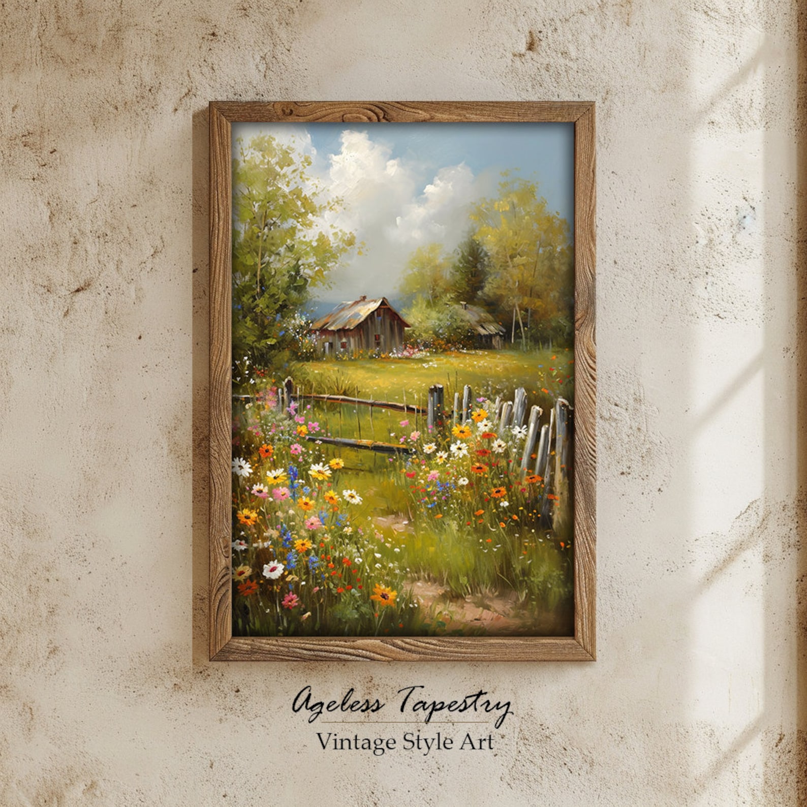 Pastoral Barn and Wildflowers Landscape Painting | Vintage Art Print ...