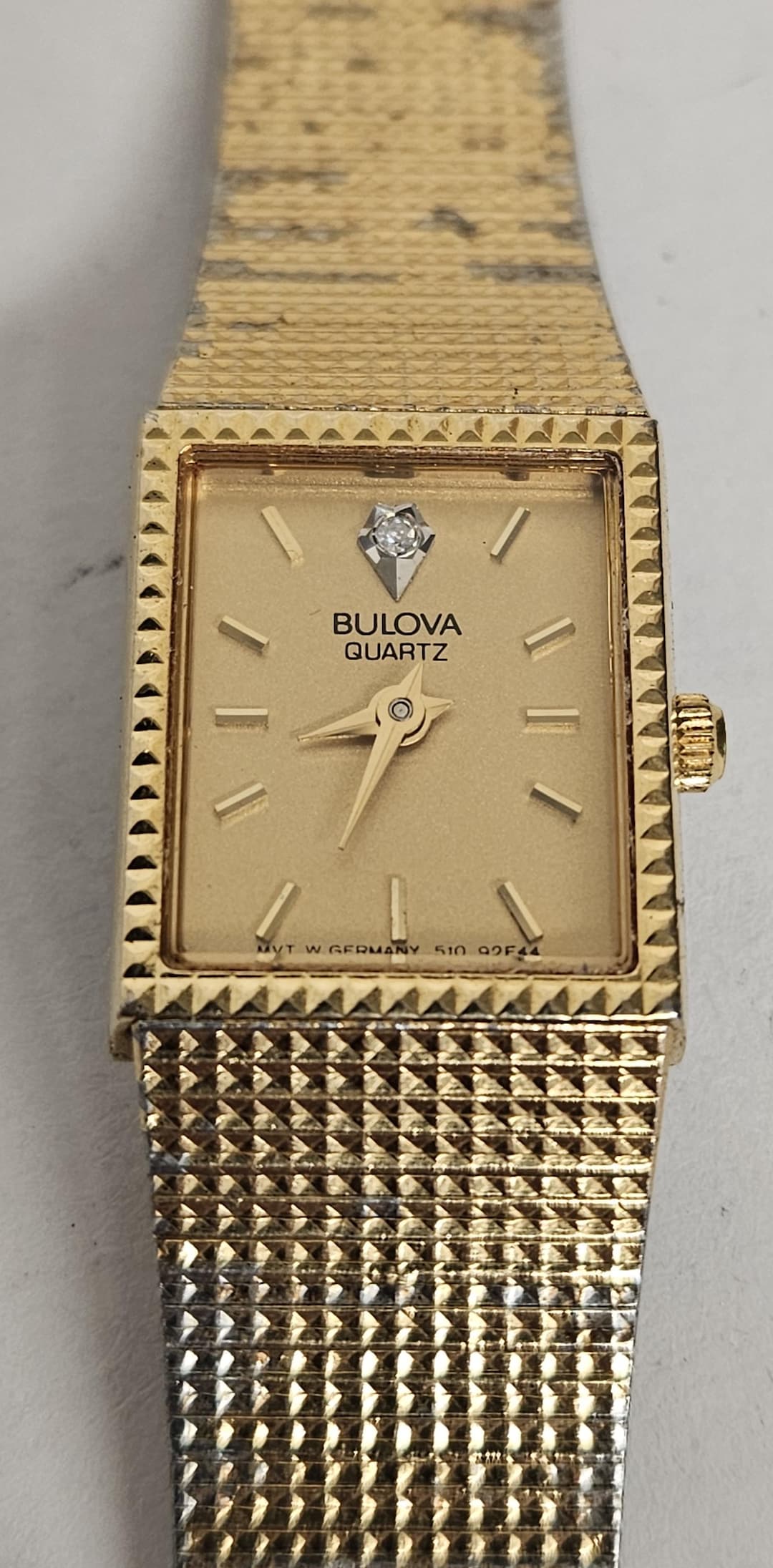 Vintage 1988 Bulova Tank Style Gold Tone Diamond Accented Black Dial ...